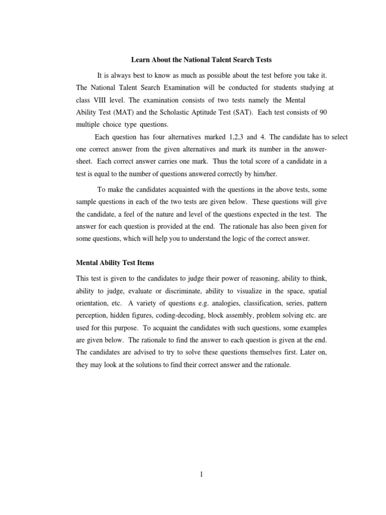 Ntse Mental Ability Test New 10 | PDF | Test (Assessment) | Cognitive ...