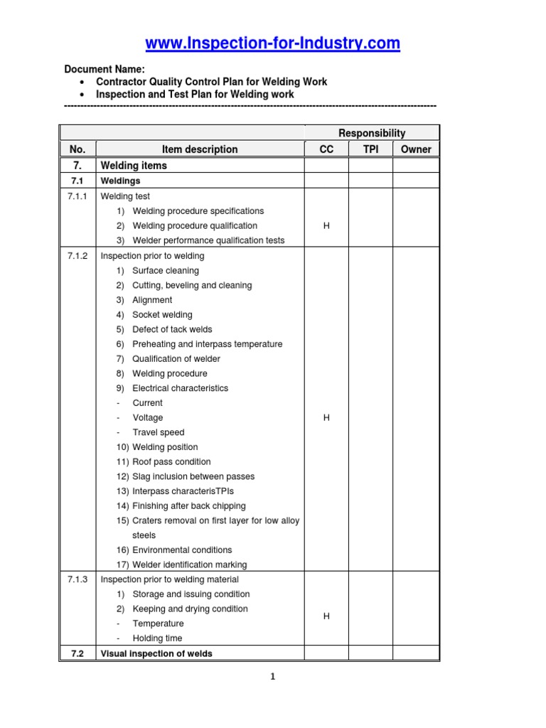 Welding Quality Control Plan Template | PDF | Welding | Construction