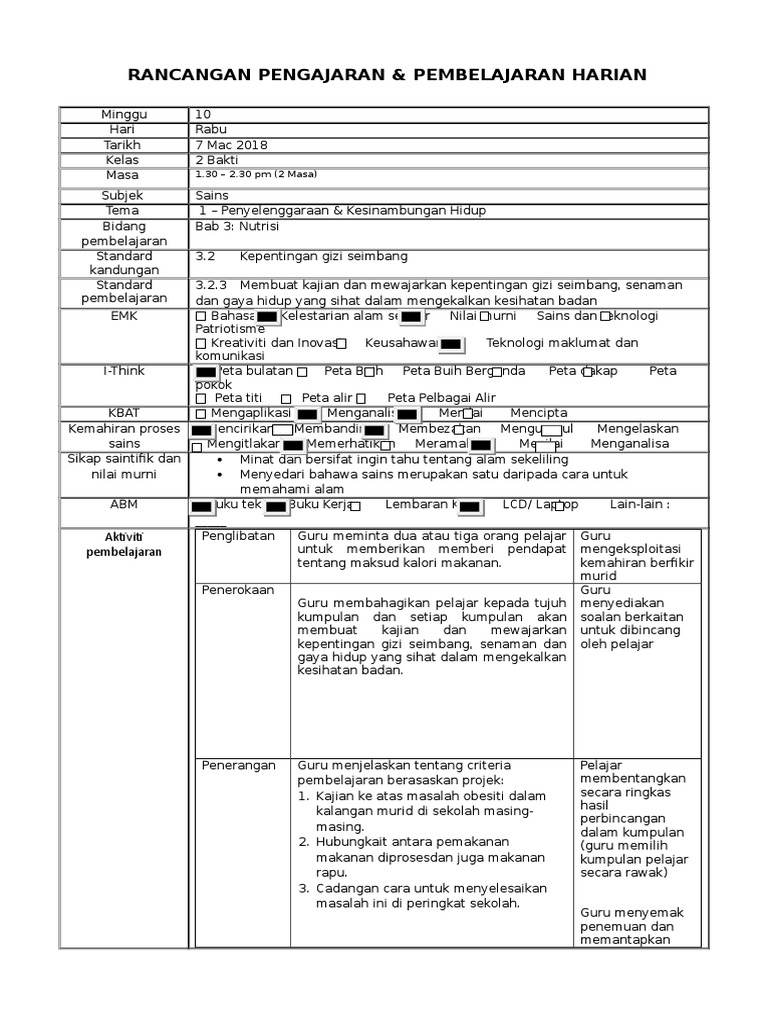 RPH (7 Mac 2018) - Sains KSSM f2 | PDF