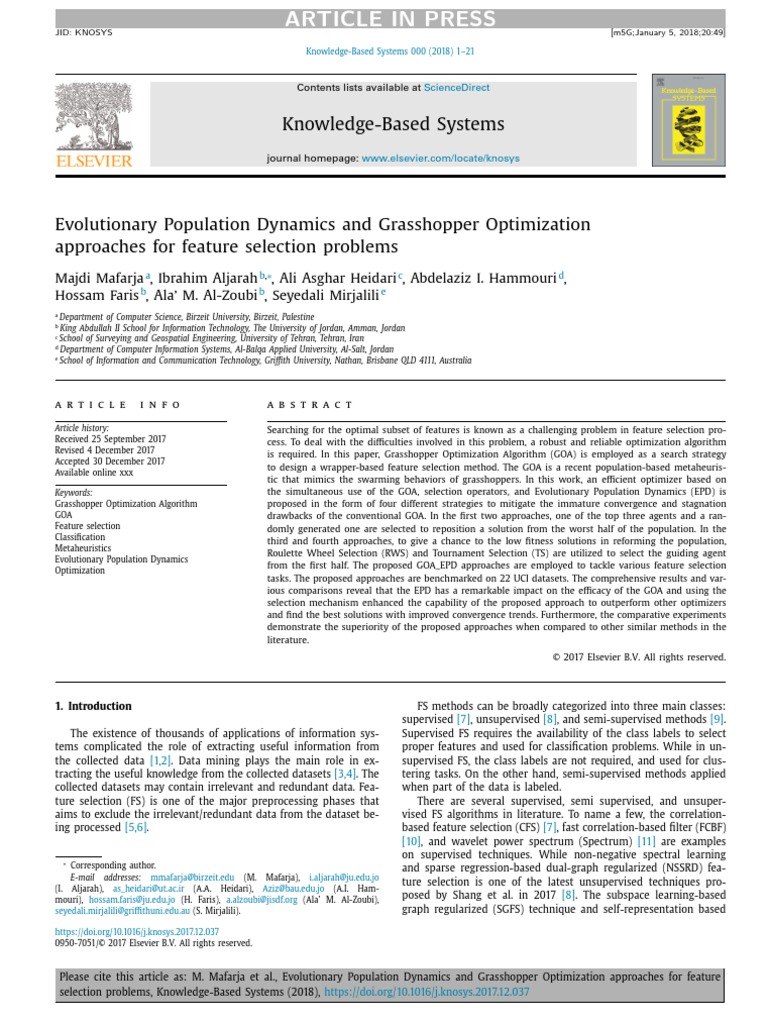 Evolutionary Population Dynamics and Grasshopper Optimization Approaches For Feature Selection ...