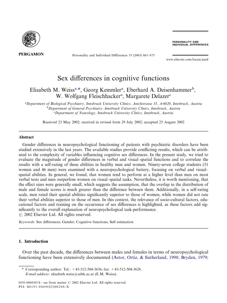 Cognitive Functions Pdf Sex Differences In Humans Intelligence