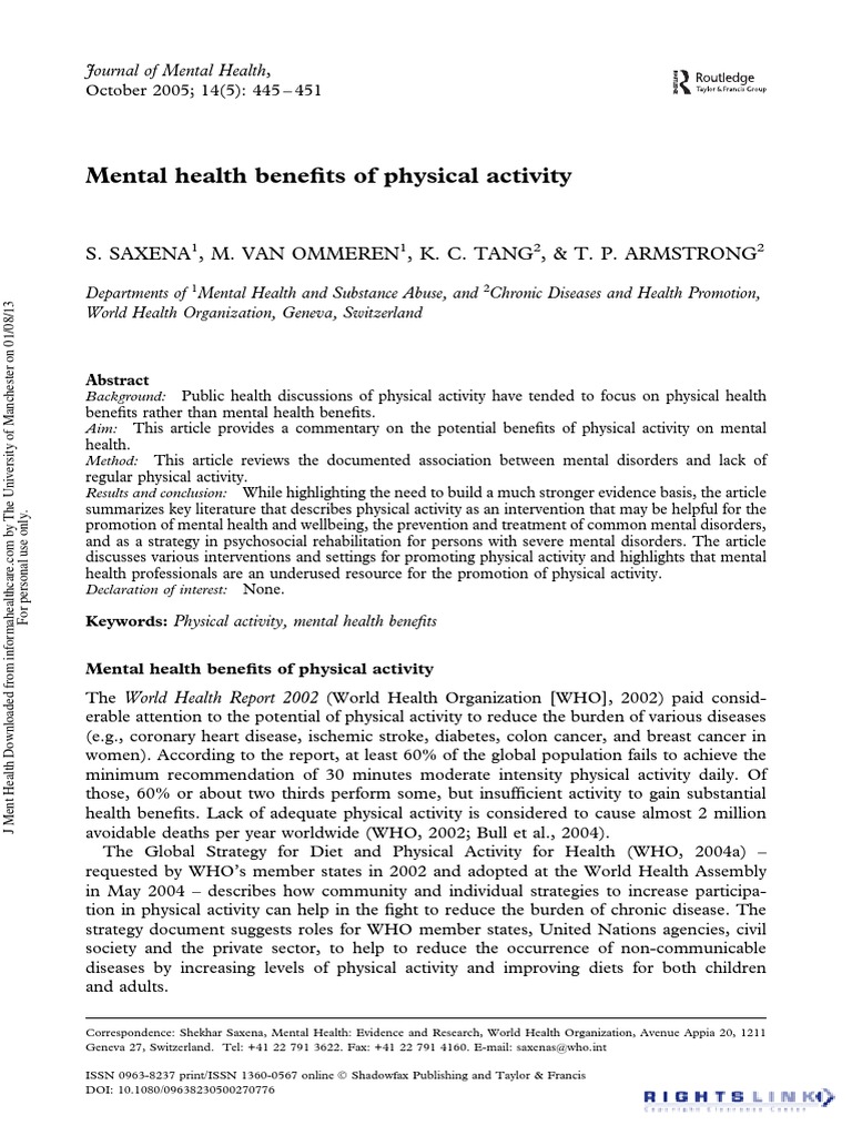 Mental Health Benefits of Physical Activity | PDF | Physical Exercise ...