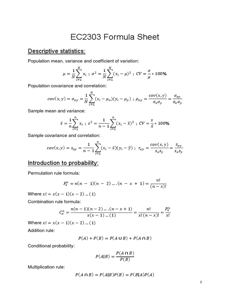 EC2303 Statistics Formula Sheet | PDF | Errors And Residuals | Normal ...