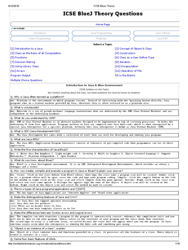 Icse Bluej Theory Pdf Constructor Object Oriented Programming Programming