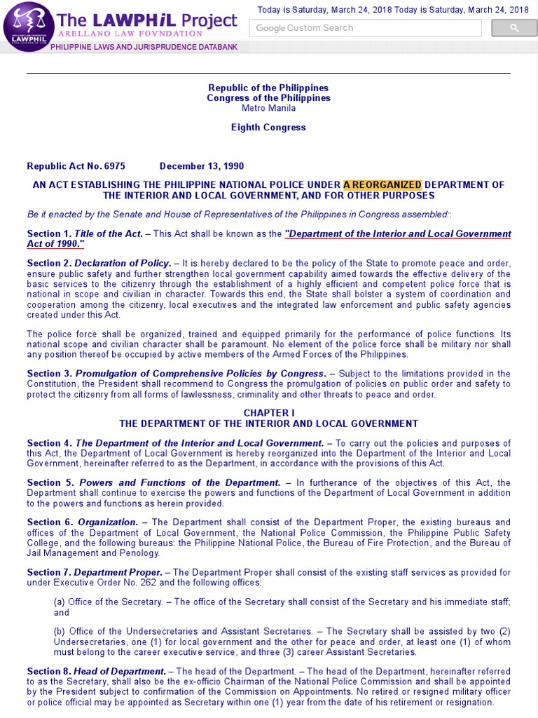R.A. 6975 - PNP Under Dilg - Dilg Act of 1990 | PDF