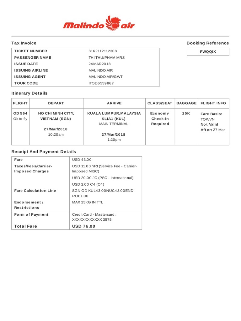 Electronic Ticket Receipt, March 27 For MRS PHAM THI THU | PDF ...