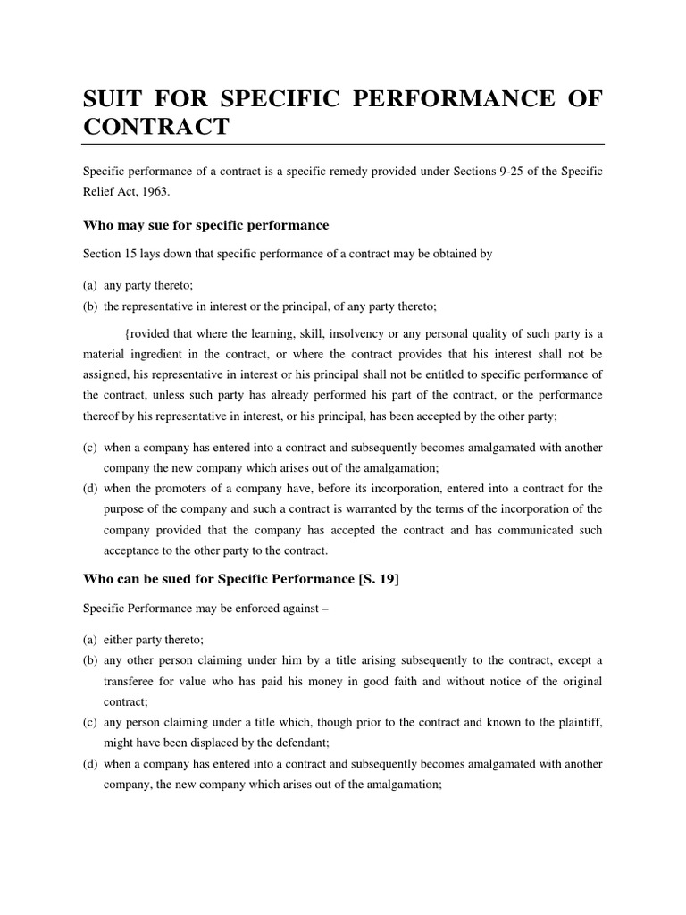 Suit For Specific Performance of Contract | PDF | Specific Performance ...