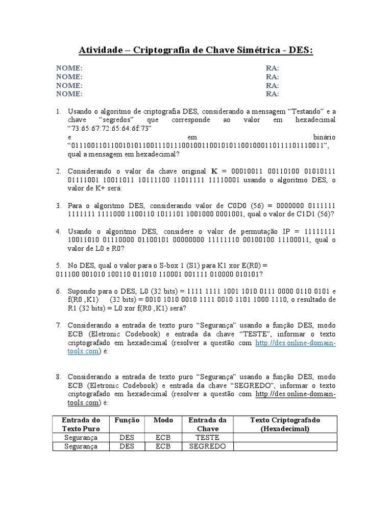 Aula 2 - Atividade - Criptografia DES | PDF | Chave (criptografia) | Sigilo