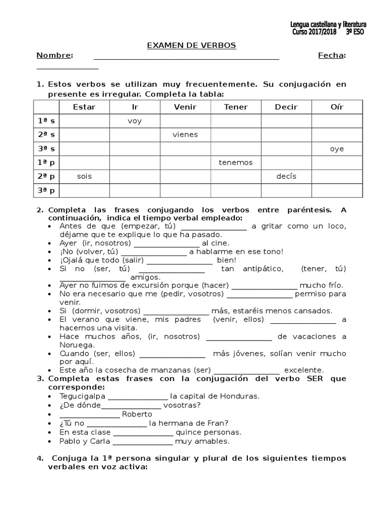 Examen de Verbos | PDF | Verbo | Morfología