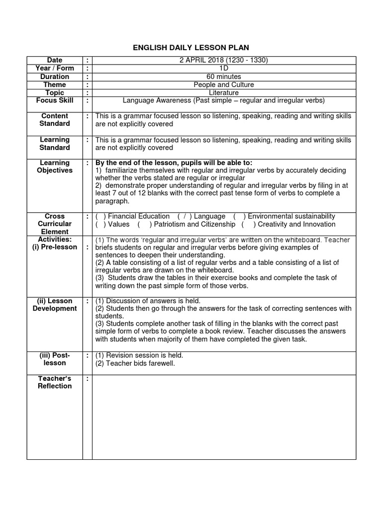 English Daily Lesson Plan | PDF | Lesson Plan | Verb