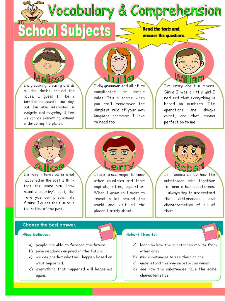 School Subjects Reading Comprehension Convrsation Conversation Topics ...