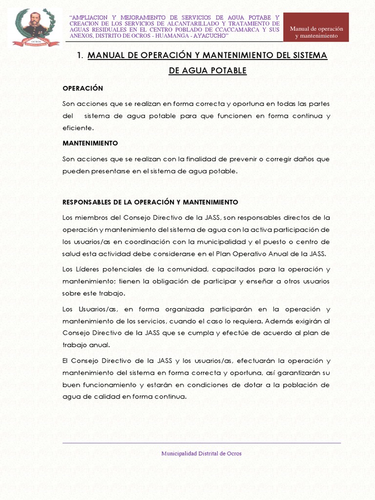 1.- Manual de Operacion y Mantenimiento Agua Potable | Alcantarillado | Aguas residuales ...