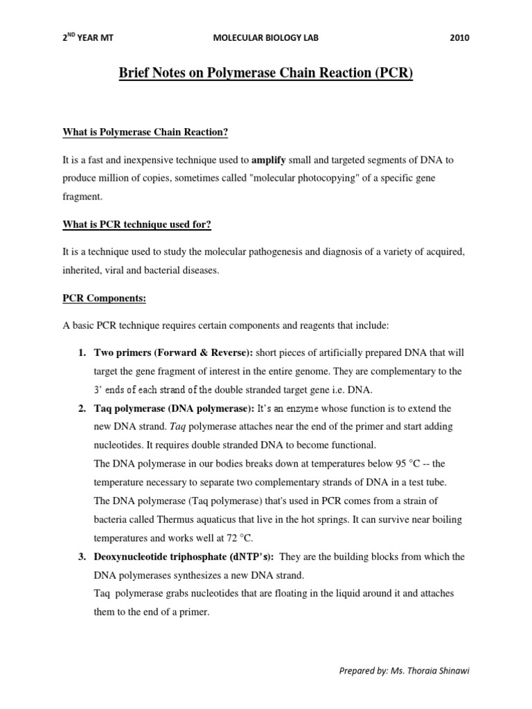 Brief Notes On Polymerase Chain Reaction (PCR) : 2 Year MT Molecular ...