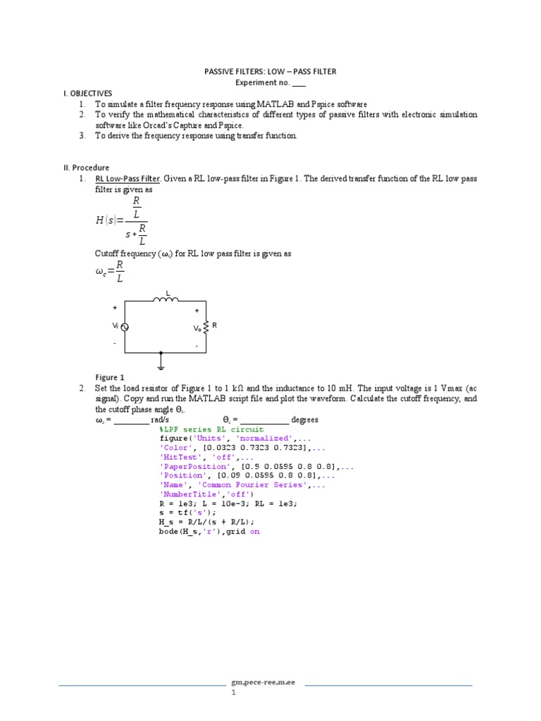 H (s) = R L s+ R L ω R L: %LPF series RL circuit | PDF | Low Pass ...