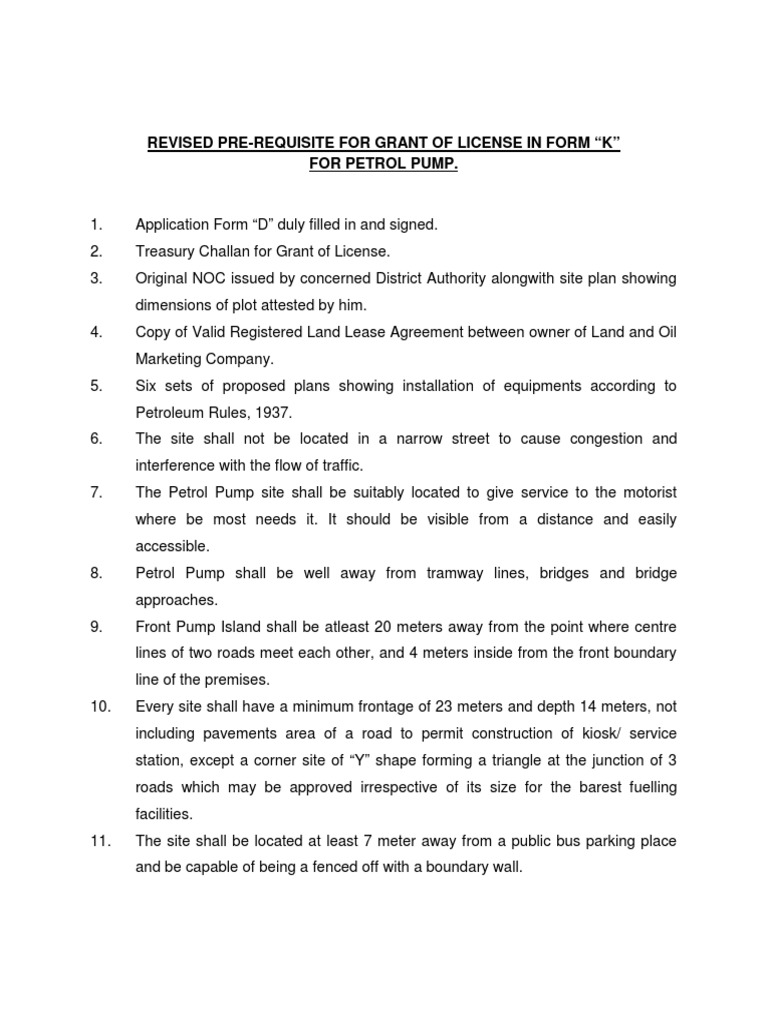 Form K Requirements for Petrol Pump License | PDF | Road | Transport