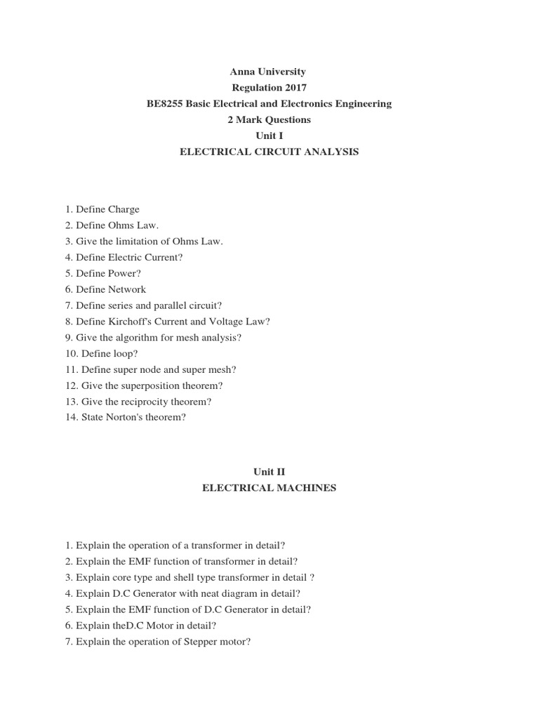 Anna University Regulation 2017 BE8255 Basic Electrical and Electronics ...