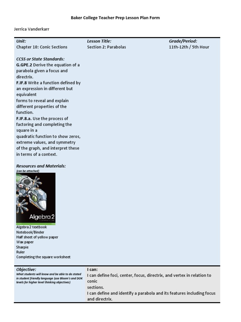 Unit: Lesson Title: Grade/Period:: Baker College Teacher Prep Lesson ...