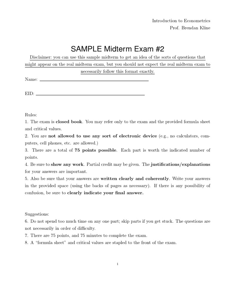SAMPLE Midterm Exam #2 | PDF | Coefficient Of Determination | Regression Analysis