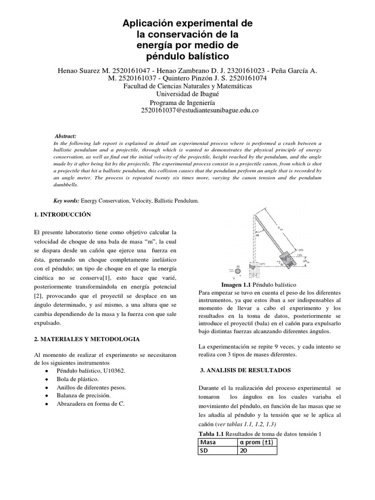 Aplicación del Péndulo Balístico en Física | PDF | Masa | Movimiento ...