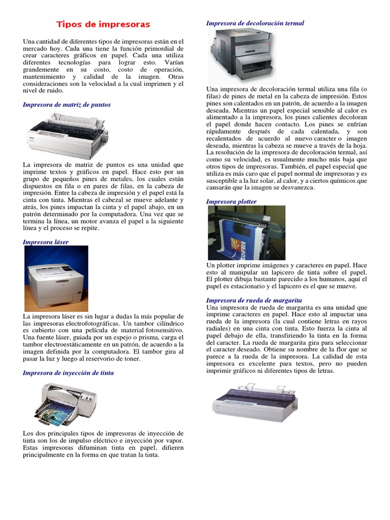Tipos de Impresoras | PDF | Impresora (Computación) | Equipo de oficina