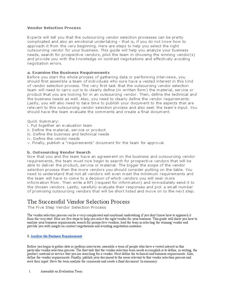 Outsourcing Vendor Selection Guide | PDF | Request For Proposal ...