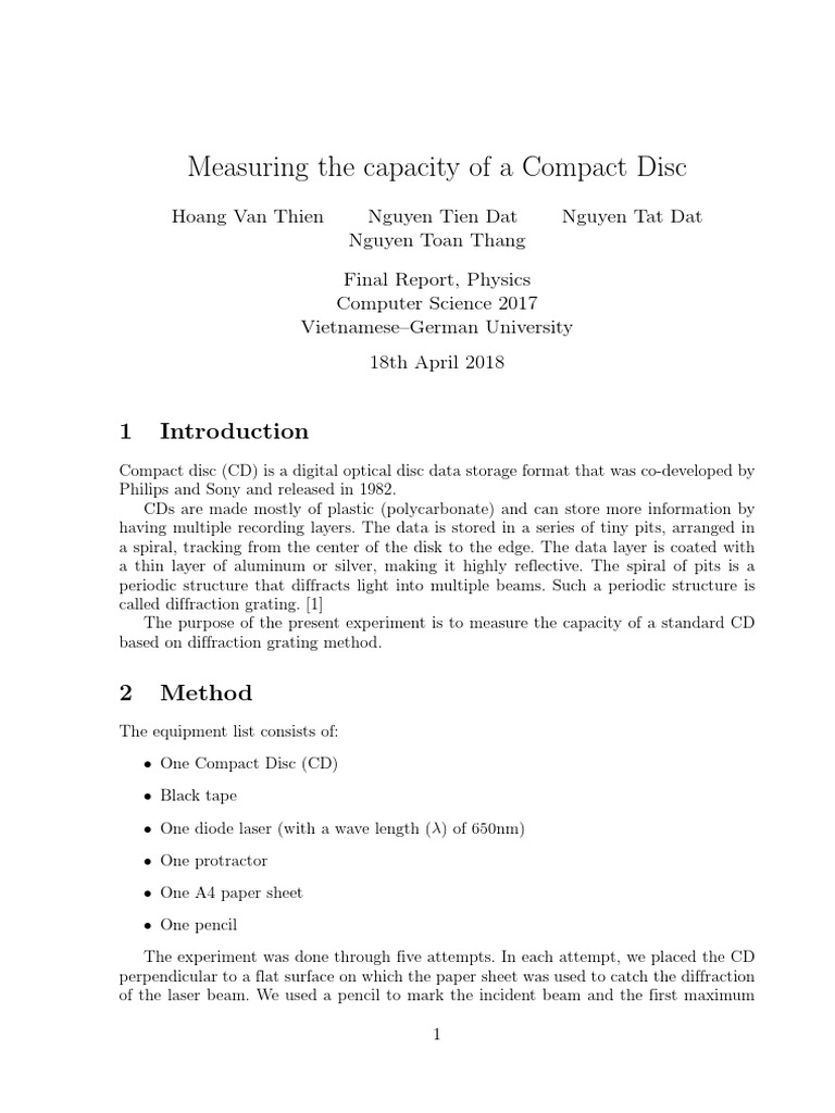 Measuring The Capacity of A Compact Disc | PDF | Compact Disc | Optics