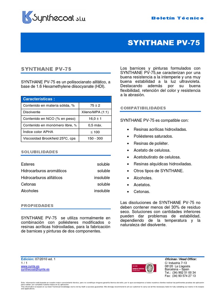 Synthane PV 75 | PDF | Poliuretano | Solubilidad