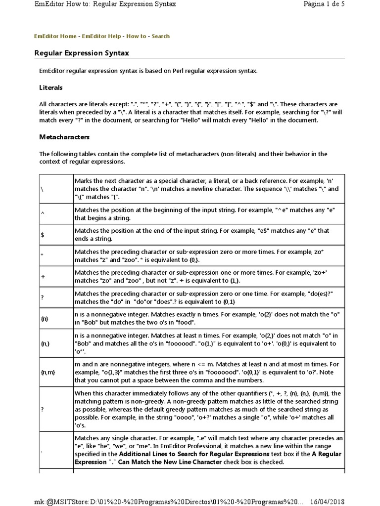 Regular Expression Syntax: Literals | PDF | Regular Expression | Ascii