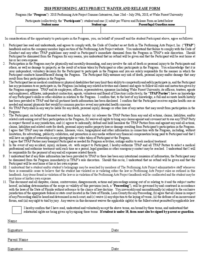 2018 Performing Arts Project Waiver and Release Form | PDF | Indemnity ...