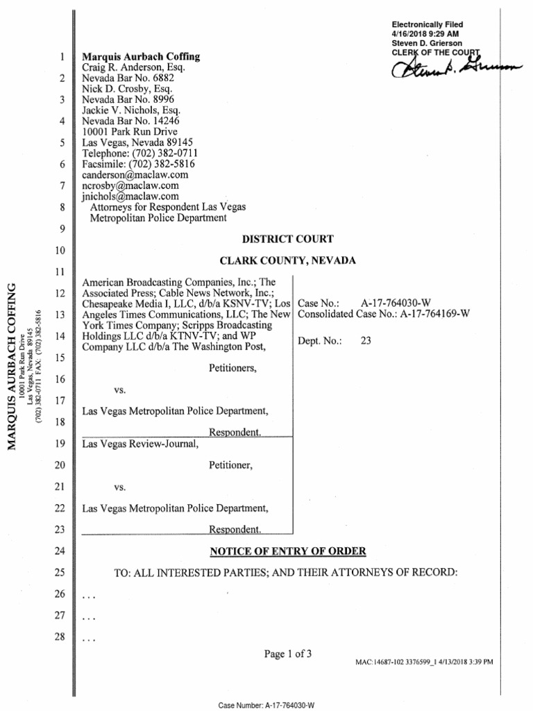 A-17-764030-W Notice of Entry of Order | PDF | Courts | United States Law
