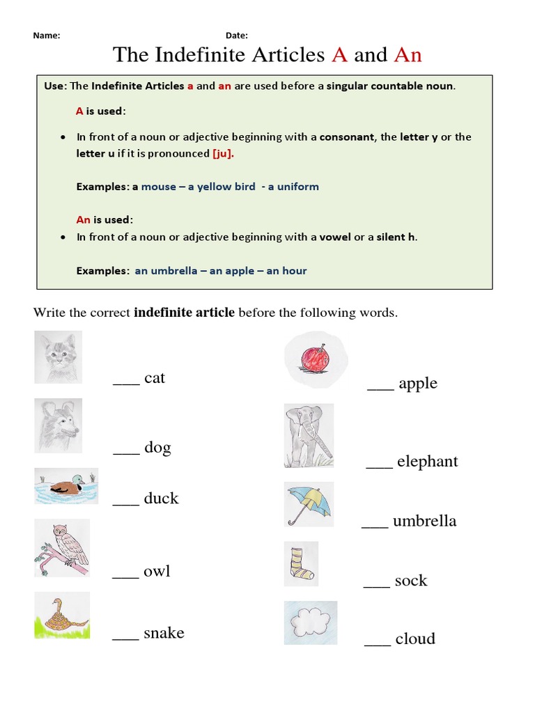 Indefinite Articles A and An Worksheet | PDF