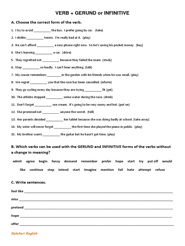 Verb - Gerund or Infinitive Grammar Exercises | PDF