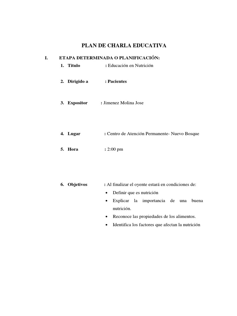 Plan de Charla Educativa Nutricion | PDF | Nutrición | Dieta y nutrición