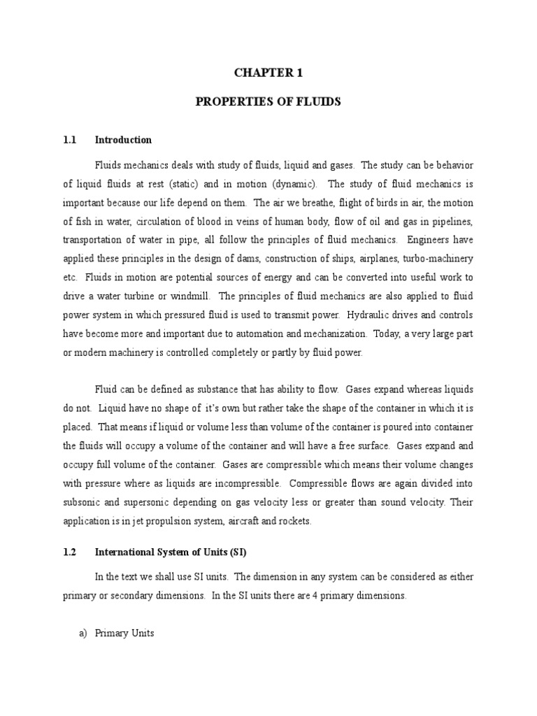 Fluid Mechanics Notes Chapter 1 Properties of Fluids | PDF | Surface ...
