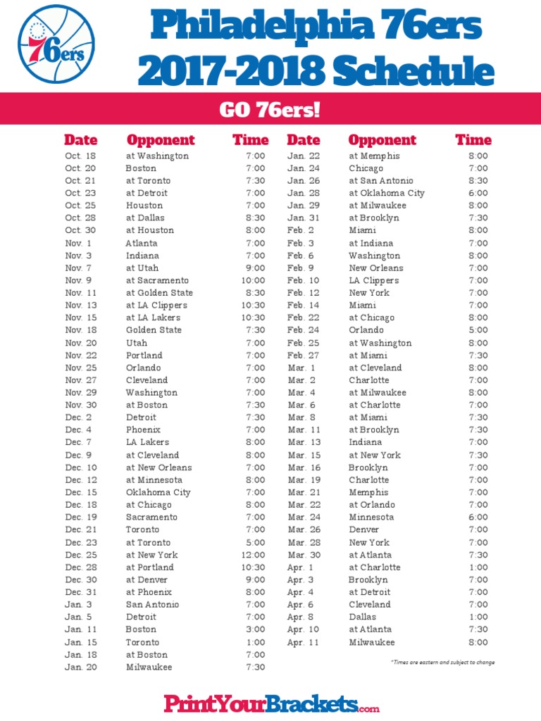 The 2017-2018 Philadelphia 76ers regular season schedule listing home ...