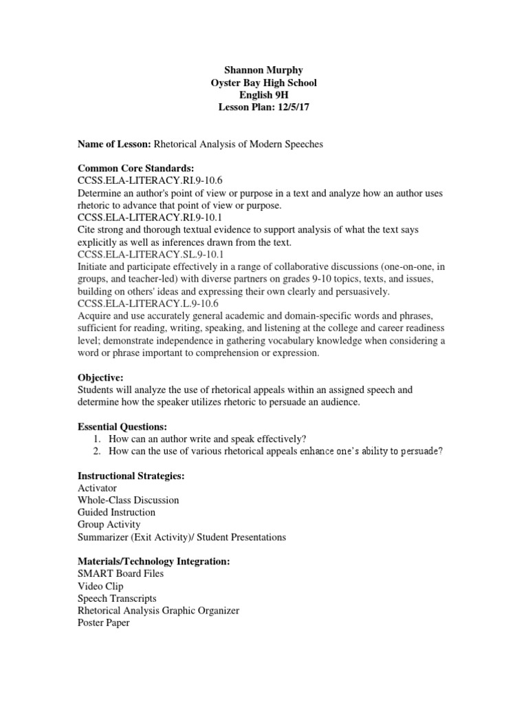 Rhetorical Analysis of Speeches Lesson | PDF | Rhetoric | Reading ...