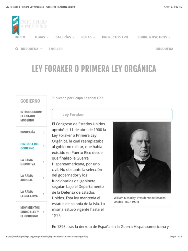 Ley Foraker o Primera Ley Orgánica - Gobierno - EnciclopediaPR | PDF ...