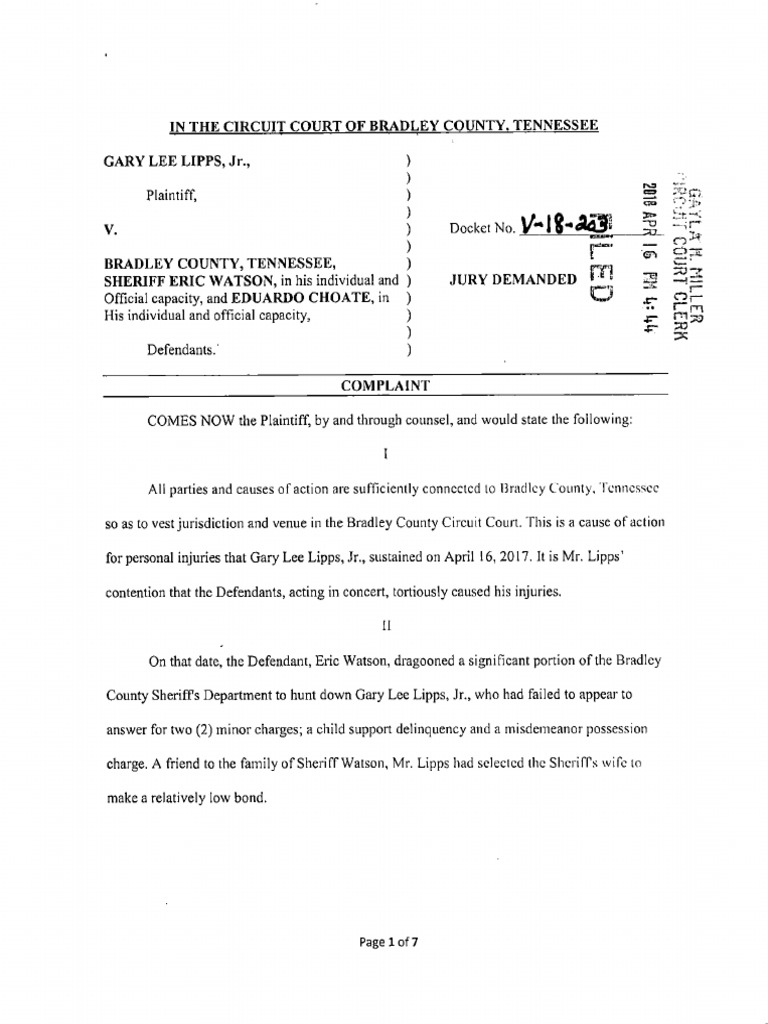 Gary Lee Lipps, Jr. V Bradley Co. Sheriff Eric Watson, Eduardo Choate | PDF