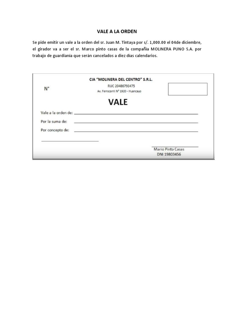 VALE A LA ORDEN | Pagaré | Derecho empresarial