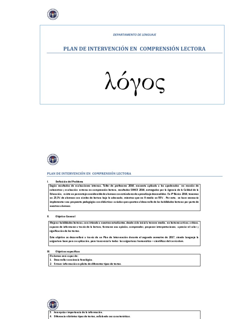Plan de Intervenci N Comprensi N Lectora Logos | PDF | Comprensión lectora | Lectura (proceso)