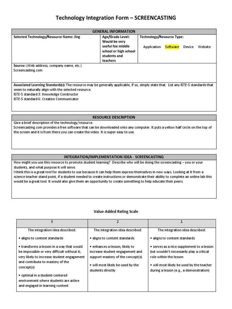 Technology Integration Template-Screencasting | PDF | Teaching | Change