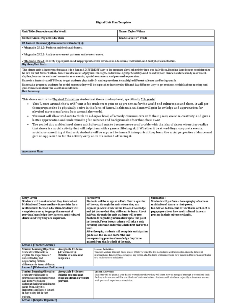 Multicultural Dance Unit Plan | PDF | Physical Education | Educational ...