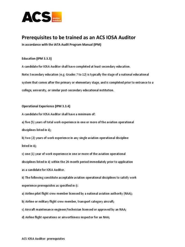 Prerequisites To Be Trained As An ACS IOSA Auditor: in Accordance With ...