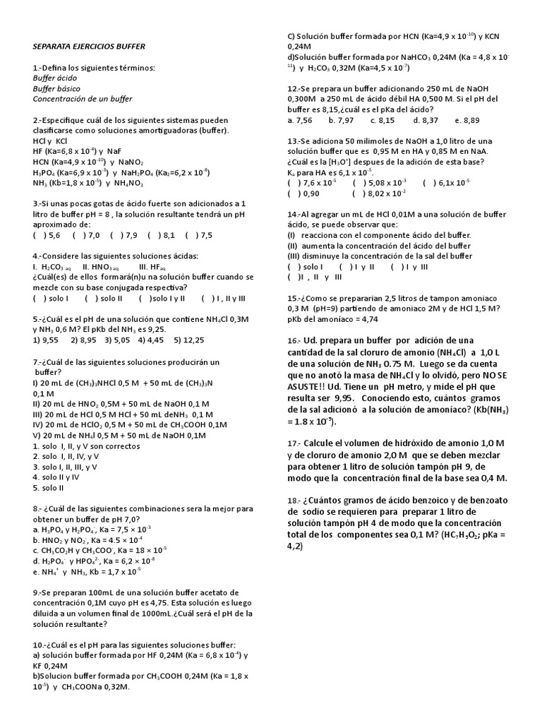 Separata Ejercicios Buffer | PDF | Solución tampón | Amoníaco