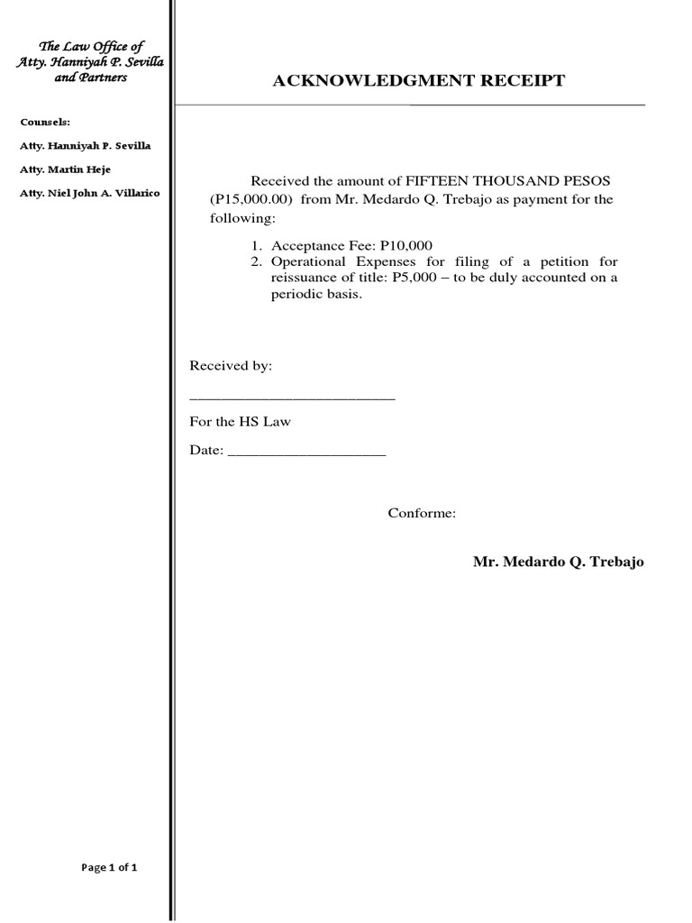 Acknowledgment Receipt: The Law Office of Atty. Hanniyah P. Sevilla and ...