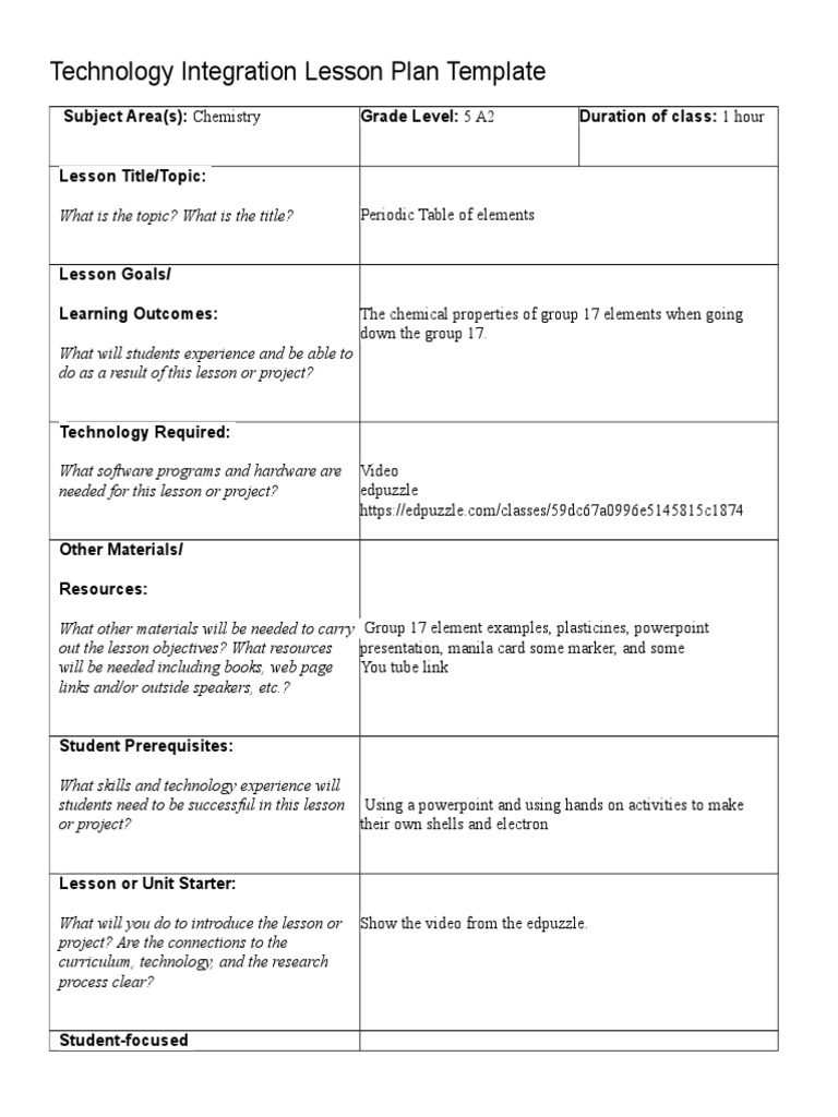 Technology Integration Lesson Plan Template: Grade Level: 5 A2 Duration of Class: 1 Hour | PDF ...