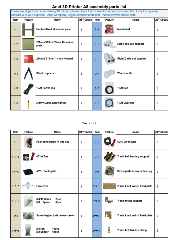 Anet 3D Printer A8 Assembly Parts List | PDF | Screw | Mechanical ...