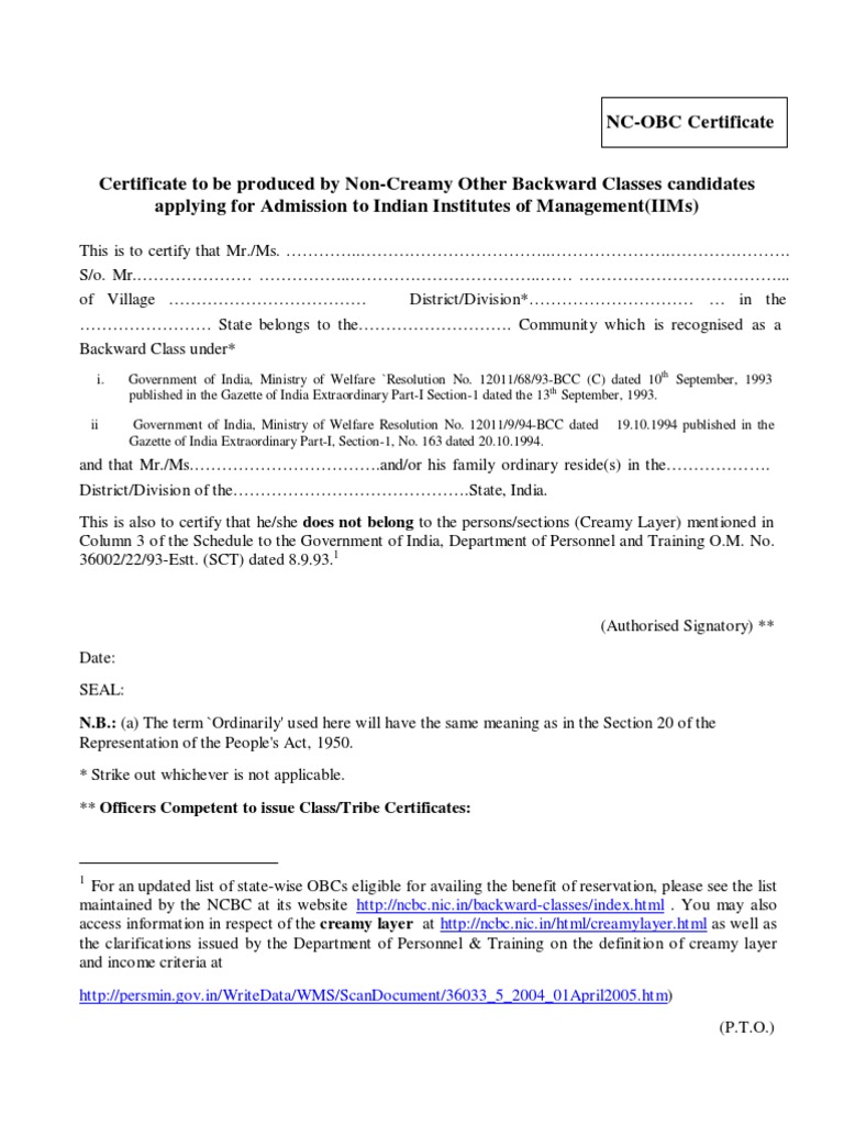 NC OBC Certificate | PDF | Magistrate | Government Of India