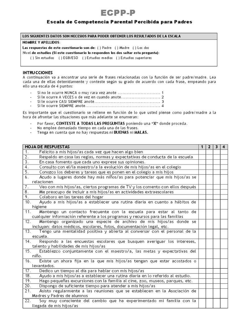 Ecpp-P: Escala de Competencia Parental Percibida para Padres