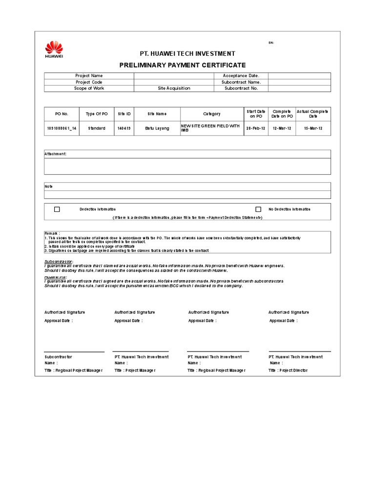Preliminary Payment Certificate: Pt. Huawei Tech Investment | PDF ...